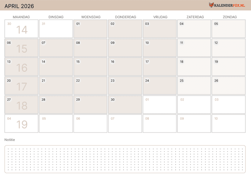 Kalender April 2026 Afdrukken - PDF Gratis