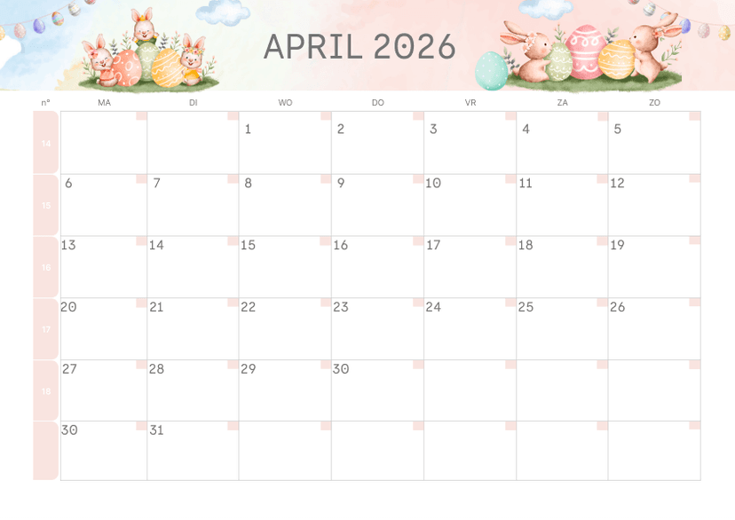 Kalender April 2026 Afdrukken - PDF Gratis