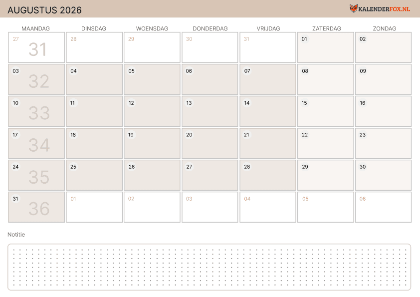 Kalender Augustus 2026 Afdrukken - PDF Gratis