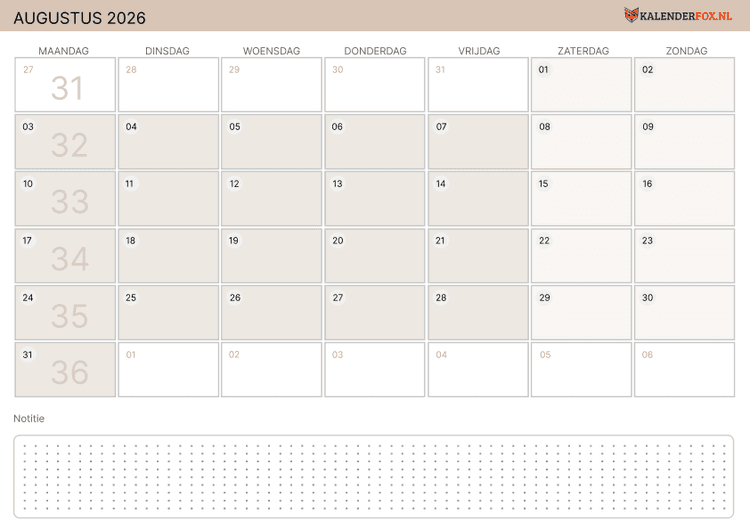 Kalender Augustus 2026 Afdrukken - PDF Gratis
