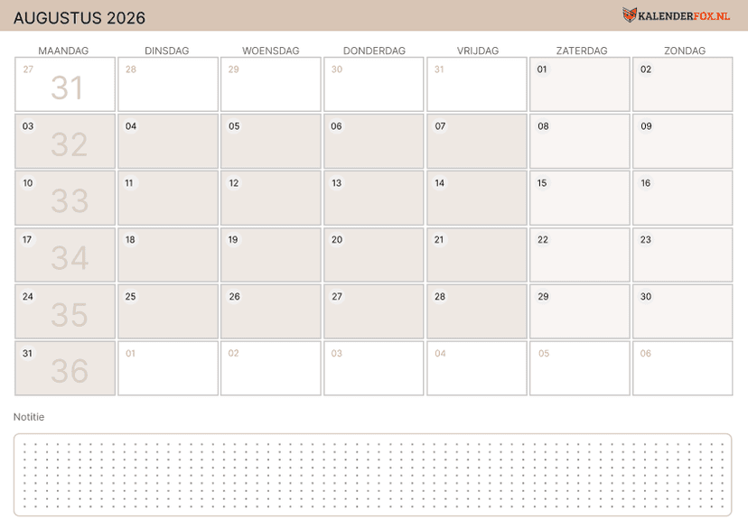 Kalender Augustus 2026 Afdrukken - PDF Gratis