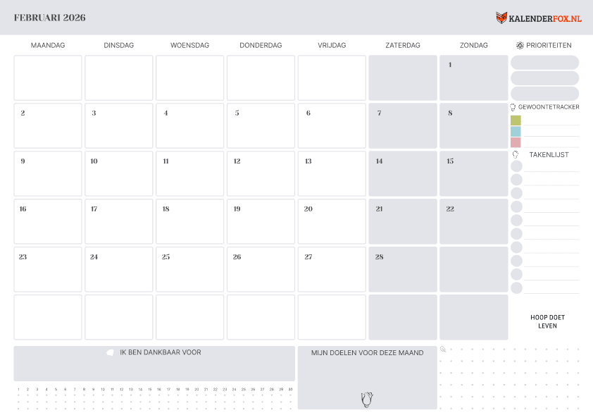 Kalender Februari 2026 Afdrukken - PDF Gratis