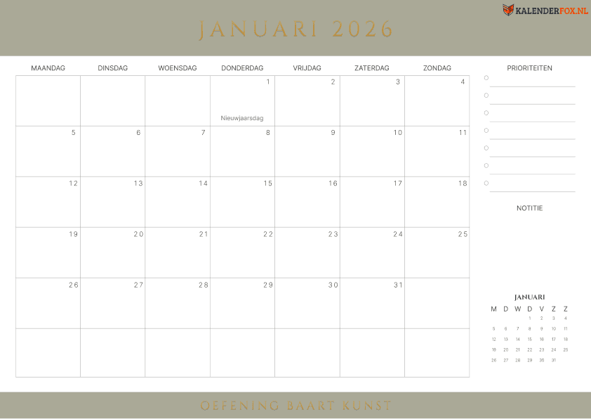 Kalender Januari 2026 Afdrukken - PDF Gratis