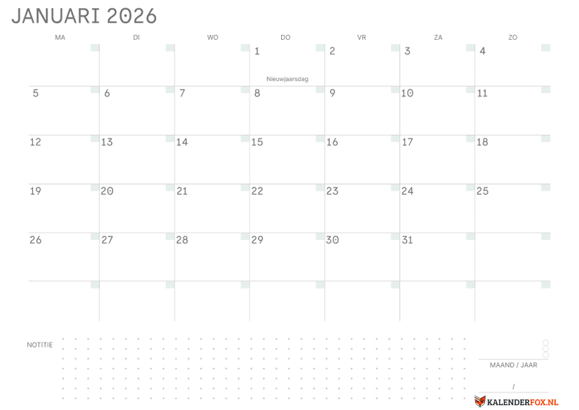 Kalender Januari 2026 Afdrukken - PDF Gratis