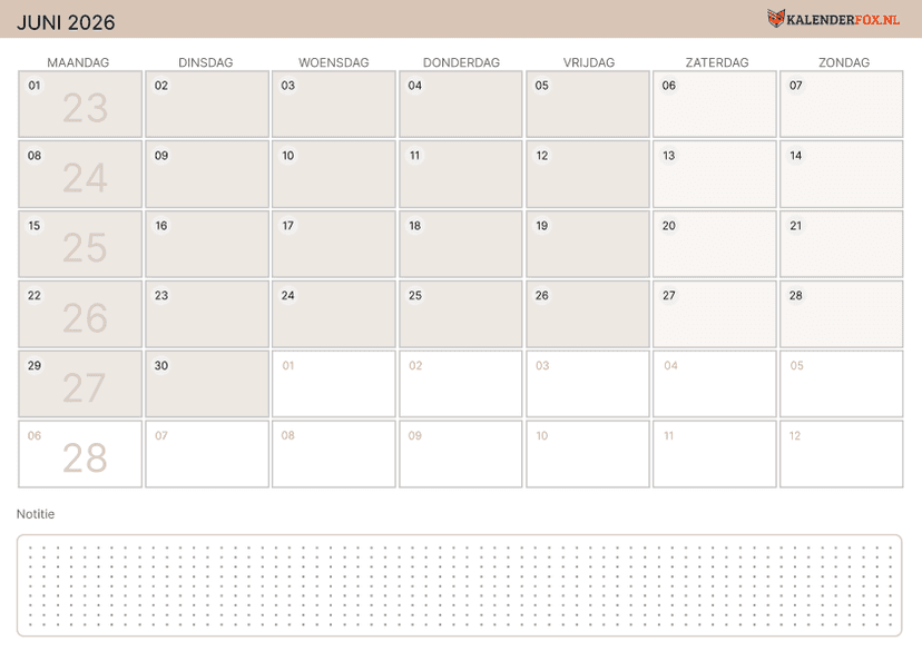Kalender Juni 2026 Afdrukken - PDF Gratis