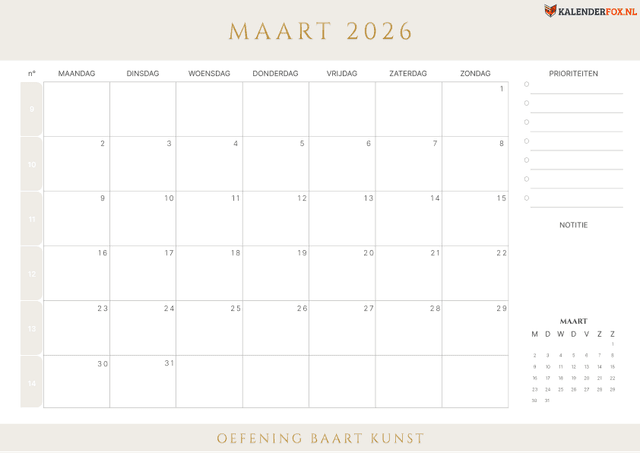 Kalender Maart 2026 Afdrukken - PDF Gratis