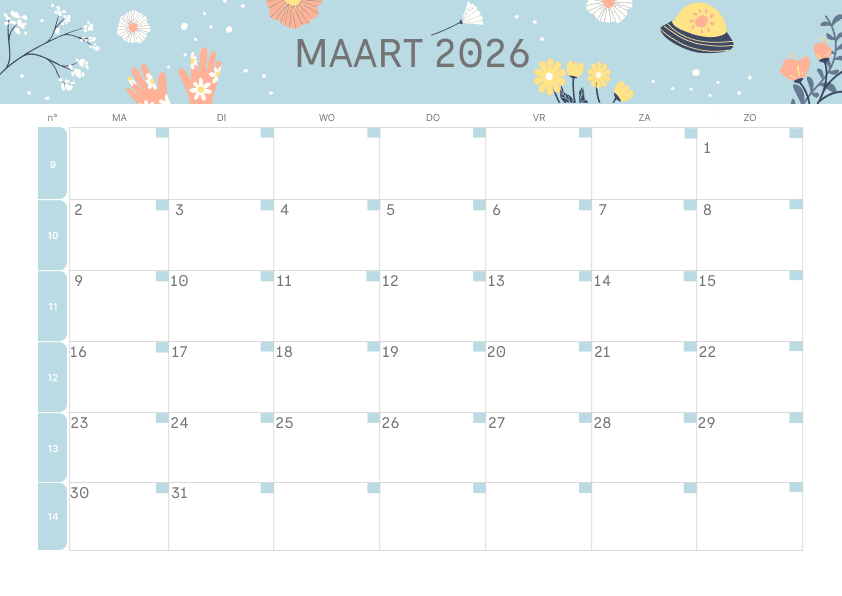 Kalender Maart 2026 Afdrukken - PDF Gratis