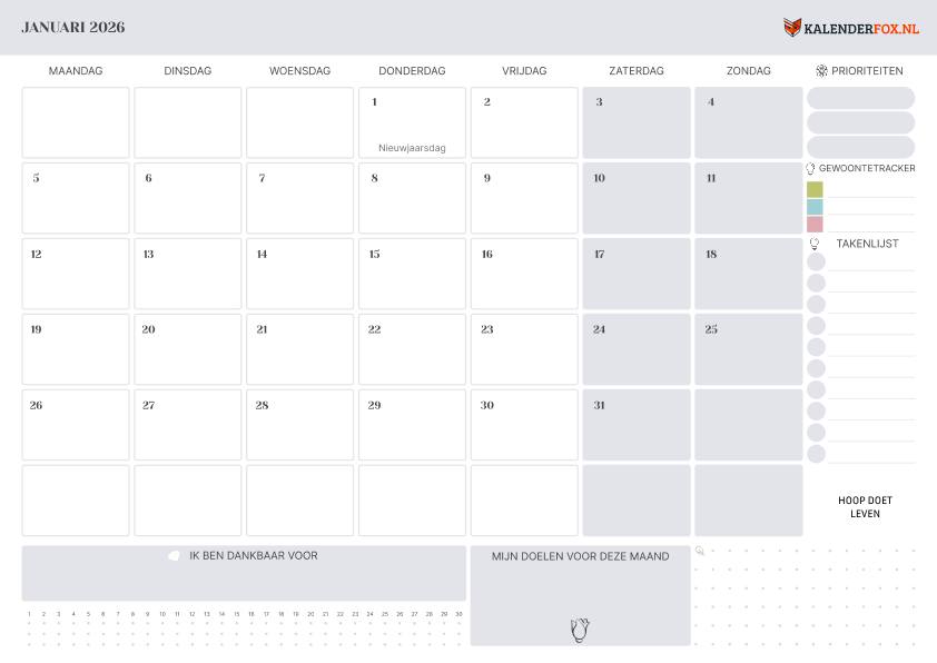 Kalender Januari 2026 Afdrukken - PDF Gratis